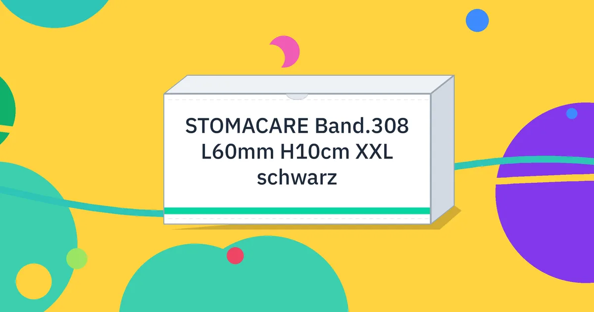Symbolbild: Packung mit der Aufschrift STOMACARE Band.308 L60mm H10cm XXL schwarz (PZN 10841338) – Verfügbarkeit und Bezug in Apotheken in Frankfurt am Main