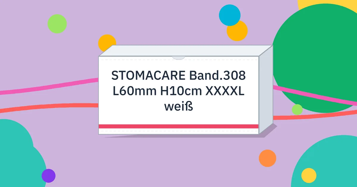 Symbolbild: Packung mit der Aufschrift STOMACARE Band.308 L60mm H10cm XXXXL weiß (PZN 06432048) – Verfügbarkeit und Bezug in Apotheken in Frankfurt am Main