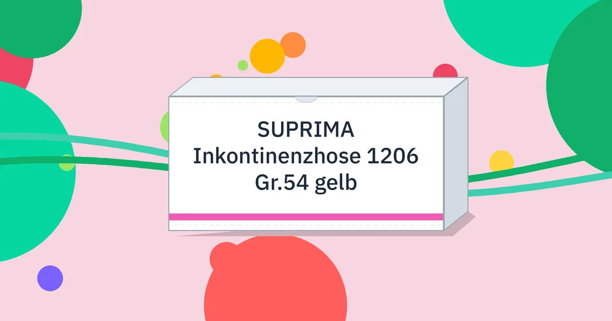 Symbolbild: Packung mit der Aufschrift SUPRIMA Inkontinenzhose 1206 Gr.54 gelb (PZN 01514971) – Verfügbarkeit und Bezug in Apotheken in Frankfurt am Main
