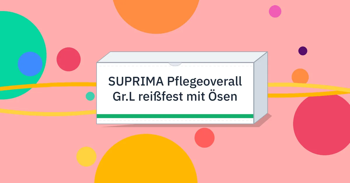 Symbolbild: Packung mit der Aufschrift SUPRIMA Pflegeoverall Gr.L reißfest mit Ösen (PZN 00082104) – Verfügbarkeit und Bezug in Apotheken in Frankfurt am Main