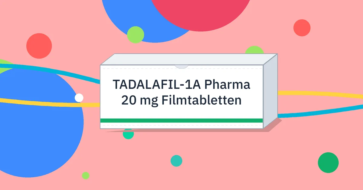 Symbolbild: Packung mit der Aufschrift TADALAFIL-1A Pharma 20 mg Filmtabletten (PZN 13167888) – Verfügbarkeit und Bezug in Apotheken in Frankfurt am Main