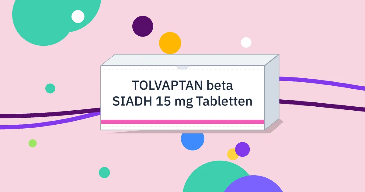 Symbolbild: Packung mit der Aufschrift TOLVAPTAN beta SIADH 15 mg Tabletten (PZN 19155455) – Verfügbarkeit und Bezug in Apotheken in Frankfurt am Main