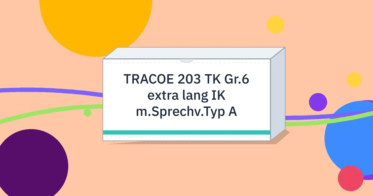 Symbolbild: Packung mit der Aufschrift TRACOE 203 TK Gr.6 extra lang IK m.Sprechv.Typ A (PZN 00917508) – Verfügbarkeit und Bezug in Apotheken in Frankfurt am Main