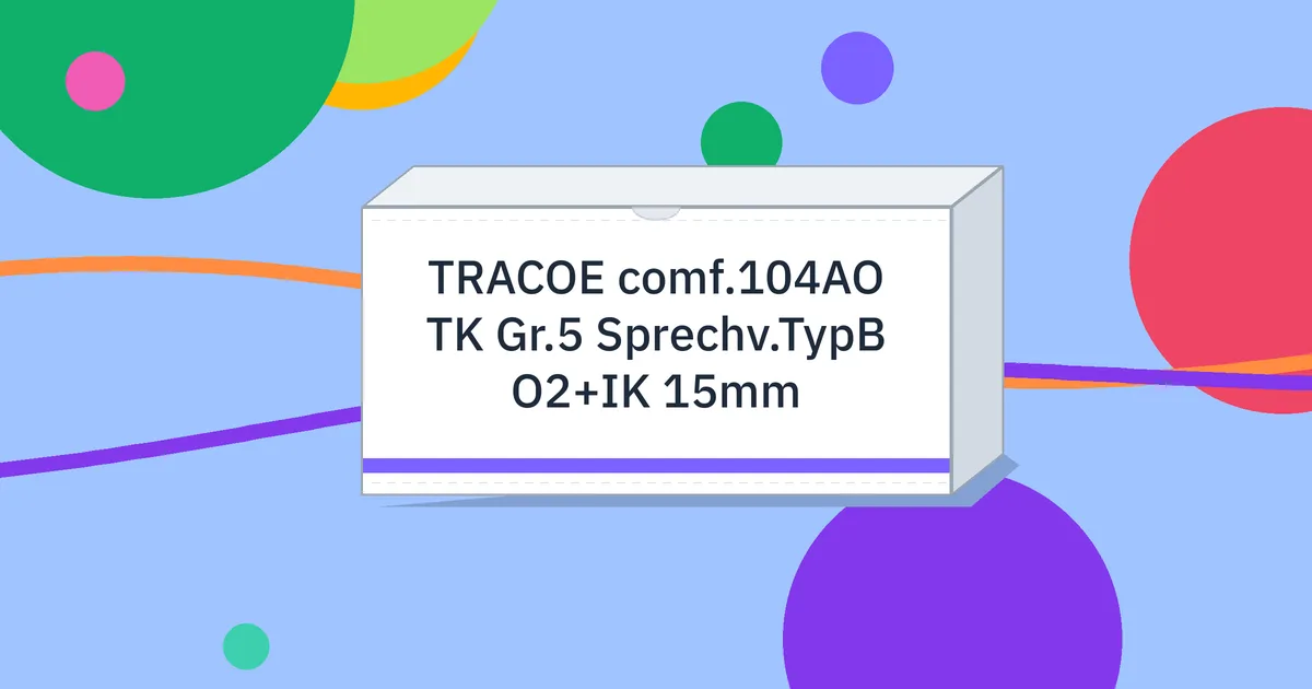 Symbolbild: Packung mit der Aufschrift TRACOE comf.104AO TK Gr.5 Sprechv.TypB O2+IK 15mm (PZN 18232656) – Verfügbarkeit und Bezug in Apotheken in Frankfurt am Main