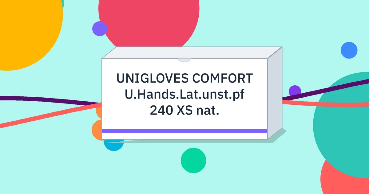 Symbolbild: Packung mit der Aufschrift UNIGLOVES COMFORT U.Hands.Lat.unst.pf 240 XS nat. (PZN 18100676) – Verfügbarkeit und Bezug in Apotheken in Frankfurt am Main