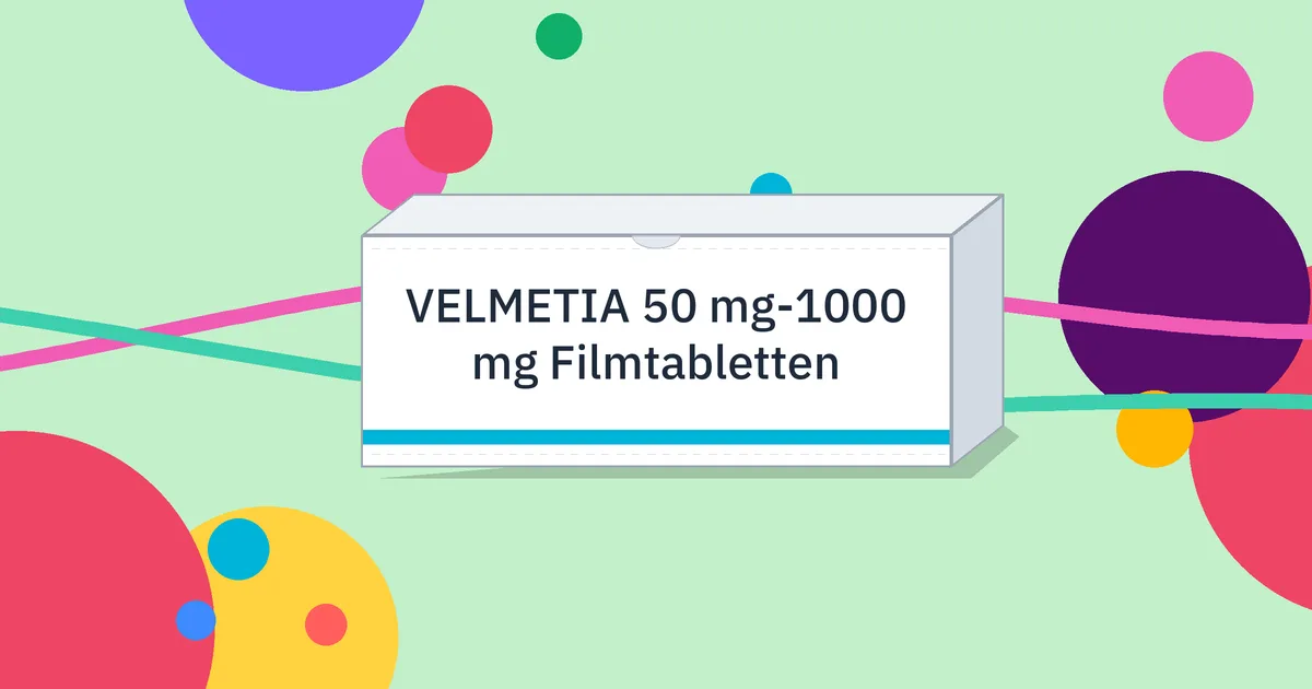 Symbolbild: Packung mit der Aufschrift VELMETIA 50 mg-1000 mg Filmtabletten (PZN 19294286) – Verfügbarkeit und Bezug in Apotheken in Frankfurt am Main