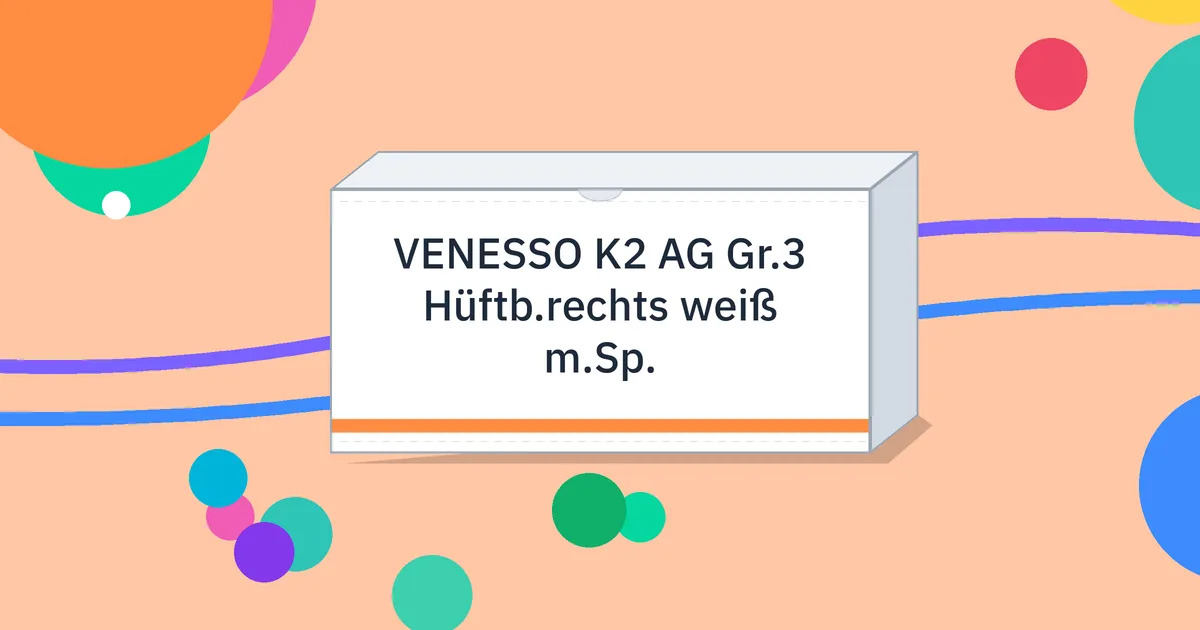 Symbolbild: Packung mit der Aufschrift VENESSO K2 AG Gr.3 Hüftb.rechts weiß m.Sp. (PZN 03274264) – Verfügbarkeit und Bezug in Apotheken in Frankfurt am Main