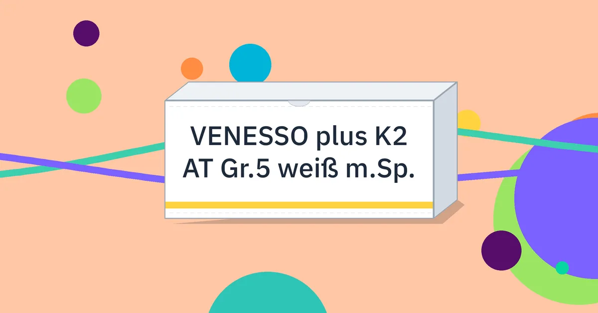 Symbolbild: Packung mit der Aufschrift VENESSO plus K2 AT Gr.5 weiß m.Sp. (PZN 03287829) – Verfügbarkeit und Bezug in Apotheken in Frankfurt am Main