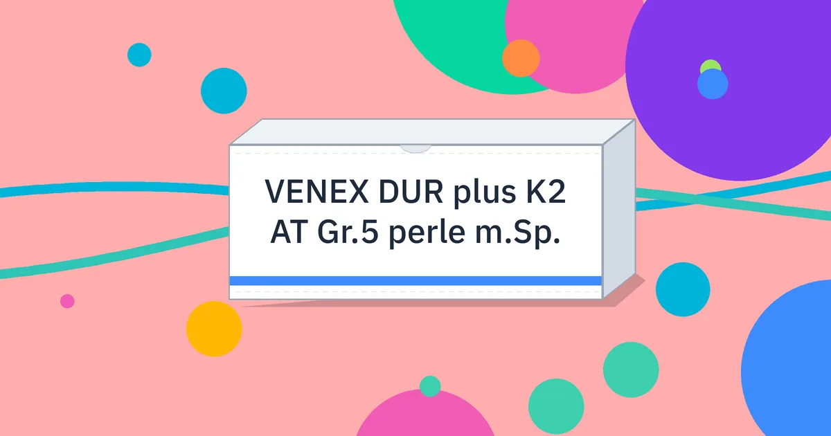 Symbolbild: Packung mit der Aufschrift VENEX DUR plus K2 AT Gr.5 perle m.Sp. (PZN 03234299) – Verfügbarkeit und Bezug in Apotheken in Frankfurt am Main