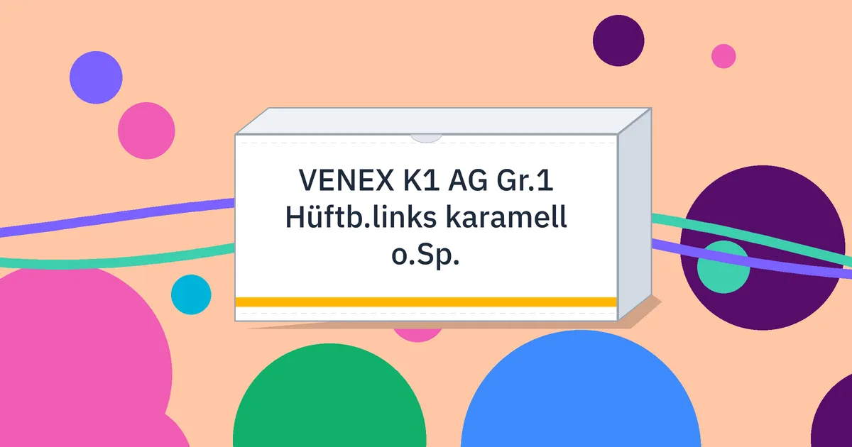 Symbolbild: Packung mit der Aufschrift VENEX K1 AG Gr.1 Hüftb.links karamell o.Sp. (PZN 13761054) – Verfügbarkeit und Bezug in Apotheken in Frankfurt am Main