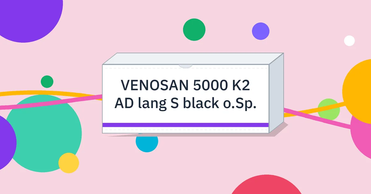 Symbolbild: Packung mit der Aufschrift VENOSAN 5000 K2 AD lang S black o.Sp. (PZN 14433056) – Verfügbarkeit und Bezug in Apotheken in Frankfurt am Main