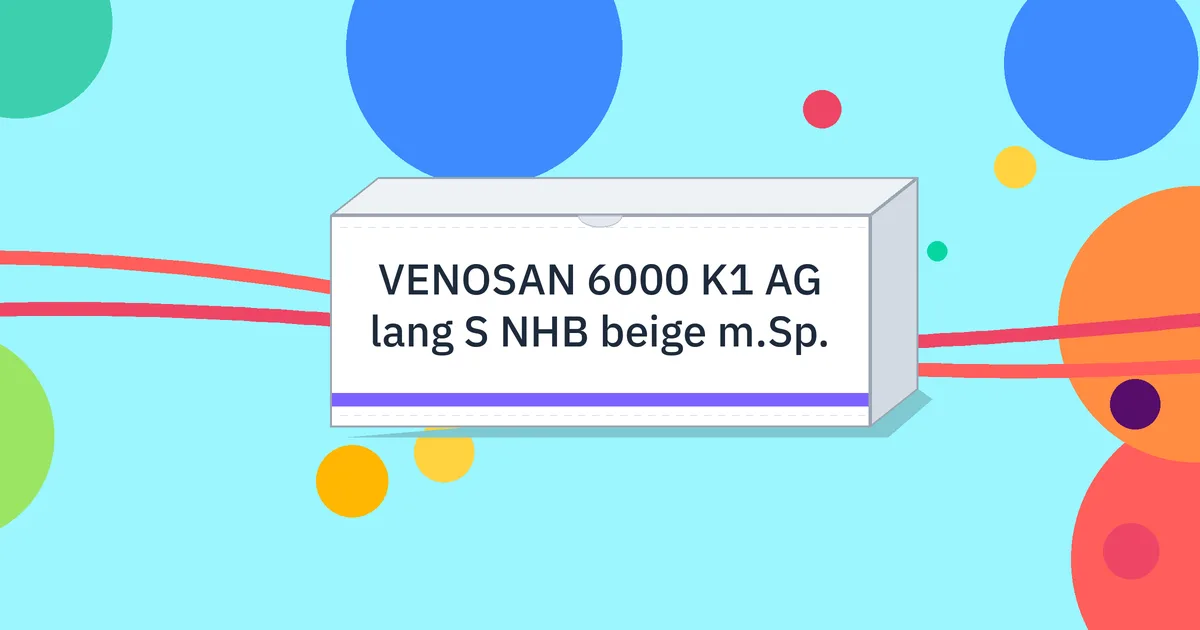 Symbolbild: Packung mit der Aufschrift VENOSAN 6000 K1 AG lang S NHB beige m.Sp. (PZN 17171562) – Verfügbarkeit und Bezug in Apotheken in Frankfurt am Main
