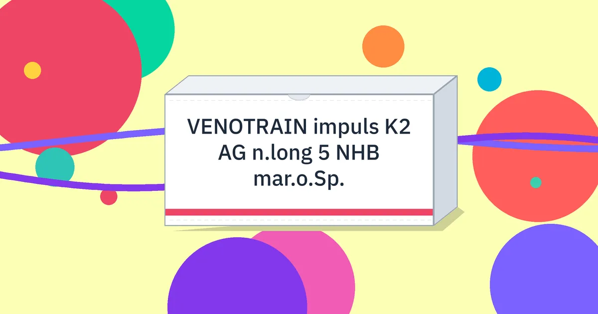 Symbolbild: Packung mit der Aufschrift VENOTRAIN impuls K2 AG n.long 5 NHB mar.o.Sp. (PZN 15214445) – Verfügbarkeit und Bezug in Apotheken in Frankfurt am Main