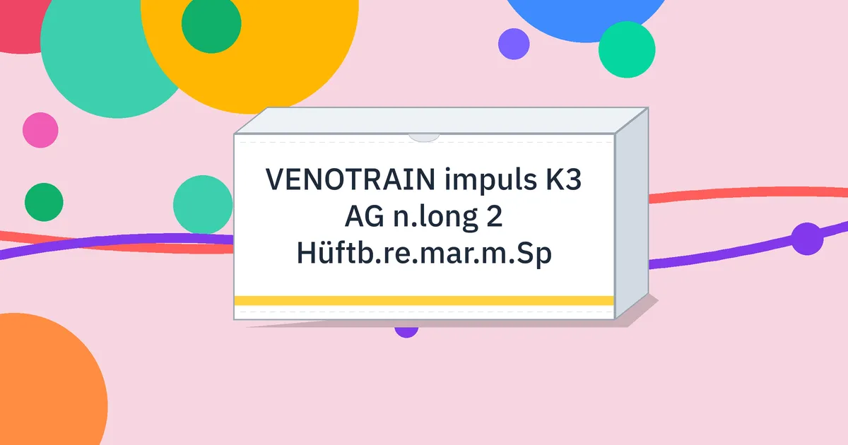 Symbolbild: Packung mit der Aufschrift VENOTRAIN impuls K3 AG n.long 2 Hüftb.re.mar.m.Sp (PZN 15217604) – Verfügbarkeit und Bezug in Apotheken in Frankfurt am Main
