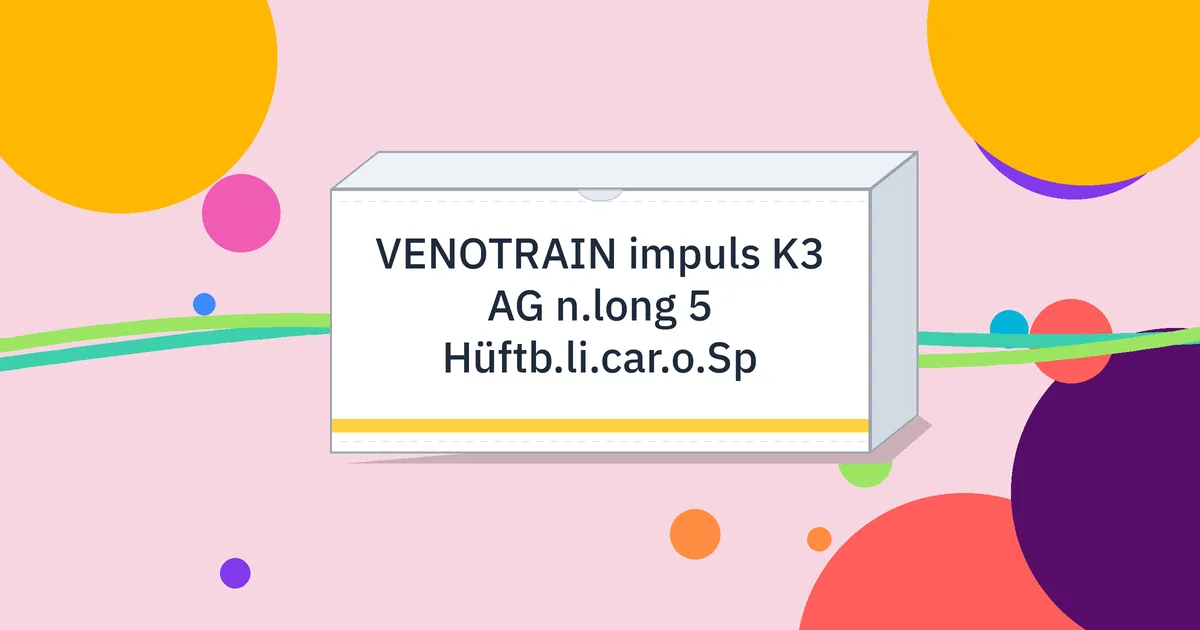 Symbolbild: Packung mit der Aufschrift VENOTRAIN impuls K3 AG n.long 5 Hüftb.li.car.o.Sp (PZN 08424722) – Verfügbarkeit und Bezug in Apotheken in Frankfurt am Main