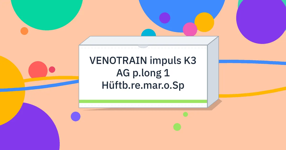 Symbolbild: Packung mit der Aufschrift VENOTRAIN impuls K3 AG p.long 1 Hüftb.re.mar.o.Sp (PZN 15218035) – Verfügbarkeit und Bezug in Apotheken in Frankfurt am Main