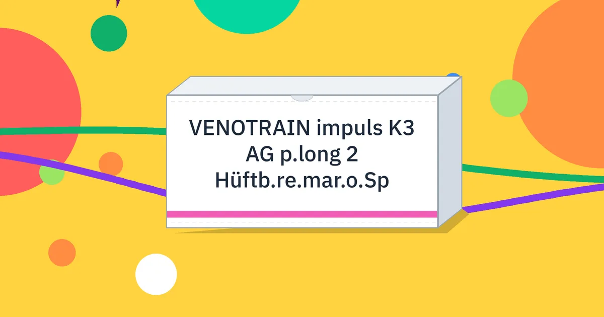 Symbolbild: Packung mit der Aufschrift VENOTRAIN impuls K3 AG p.long 2 Hüftb.re.mar.o.Sp (PZN 15218041) – Verfügbarkeit und Bezug in Apotheken in Frankfurt am Main