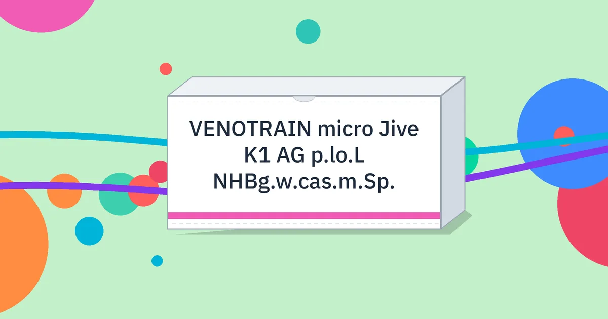 Symbolbild: Packung mit der Aufschrift VENOTRAIN micro Jive K1 AG p.lo.L NHBg.w.cas.m.Sp. (PZN 20767962) – Verfügbarkeit und Bezug in Apotheken in Frankfurt am Main