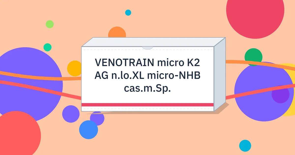 Symbolbild: Packung mit der Aufschrift VENOTRAIN micro K2 AG n.lo.XL micro-NHB cas.m.Sp. (PZN 20758495) – Verfügbarkeit und Bezug in Apotheken in Frankfurt am Main