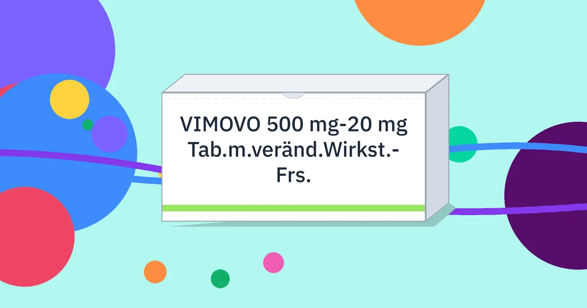 Symbolbild: Packung mit der Aufschrift VIMOVO 500 mg-20 mg Tab.m.veränd.Wirkst.-Frs. (PZN 09315834) – Verfügbarkeit und Bezug in Apotheken in Frankfurt am Main