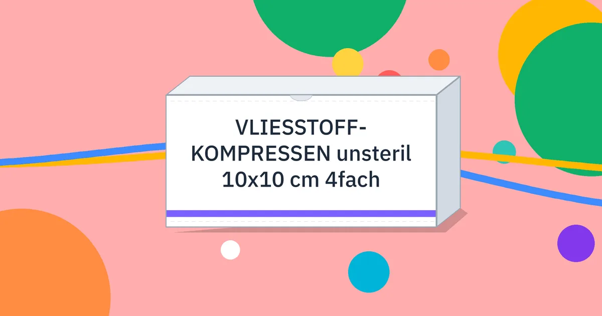 Symbolbild: Packung mit der Aufschrift VLIESSTOFF-KOMPRESSEN unsteril 10x10 cm 4fach (PZN 00571412) – Verfügbarkeit und Bezug in Apotheken in Frankfurt am Main