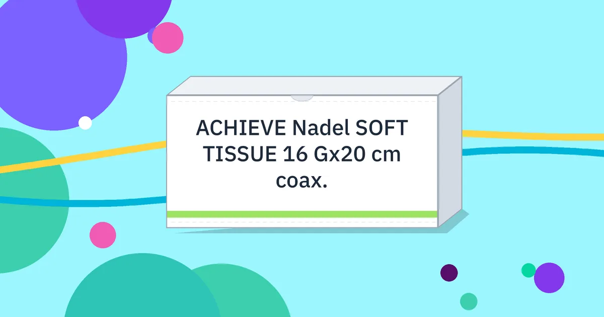 Symbolbild: Packung mit der Aufschrift ACHIEVE Nadel SOFT TISSUE 16 Gx20 cm coax. (PZN 18763678) – Verfügbarkeit und Bezug in Apotheken in Frankfurt am Main