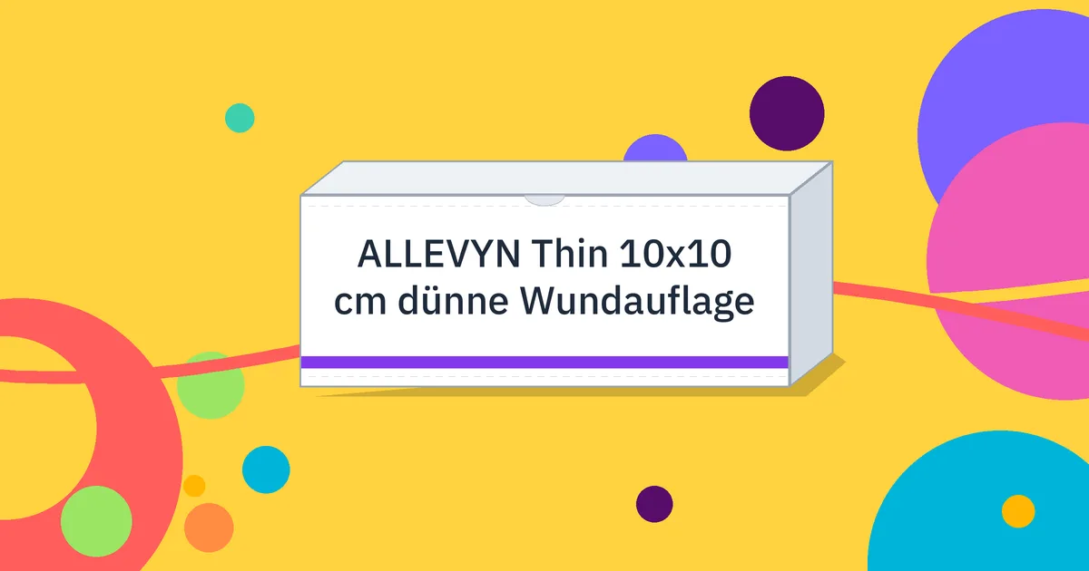 Symbolbild: Packung mit der Aufschrift ALLEVYN Thin 10x10 cm dünne Wundauflage (PZN 03126919) – Verfügbarkeit und Bezug in Apotheken in Frankfurt am Main