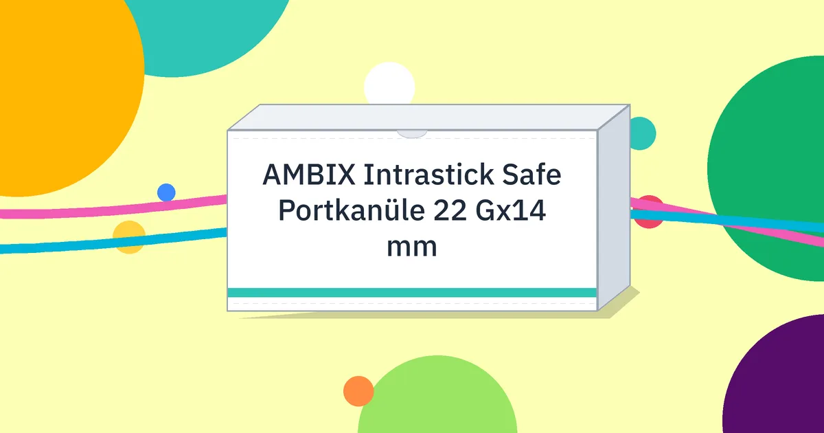 Symbolbild: Packung mit der Aufschrift AMBIX Intrastick Safe Portkanüle 22 Gx14 mm (PZN 09619422) – Verfügbarkeit und Bezug in Apotheken in Frankfurt am Main