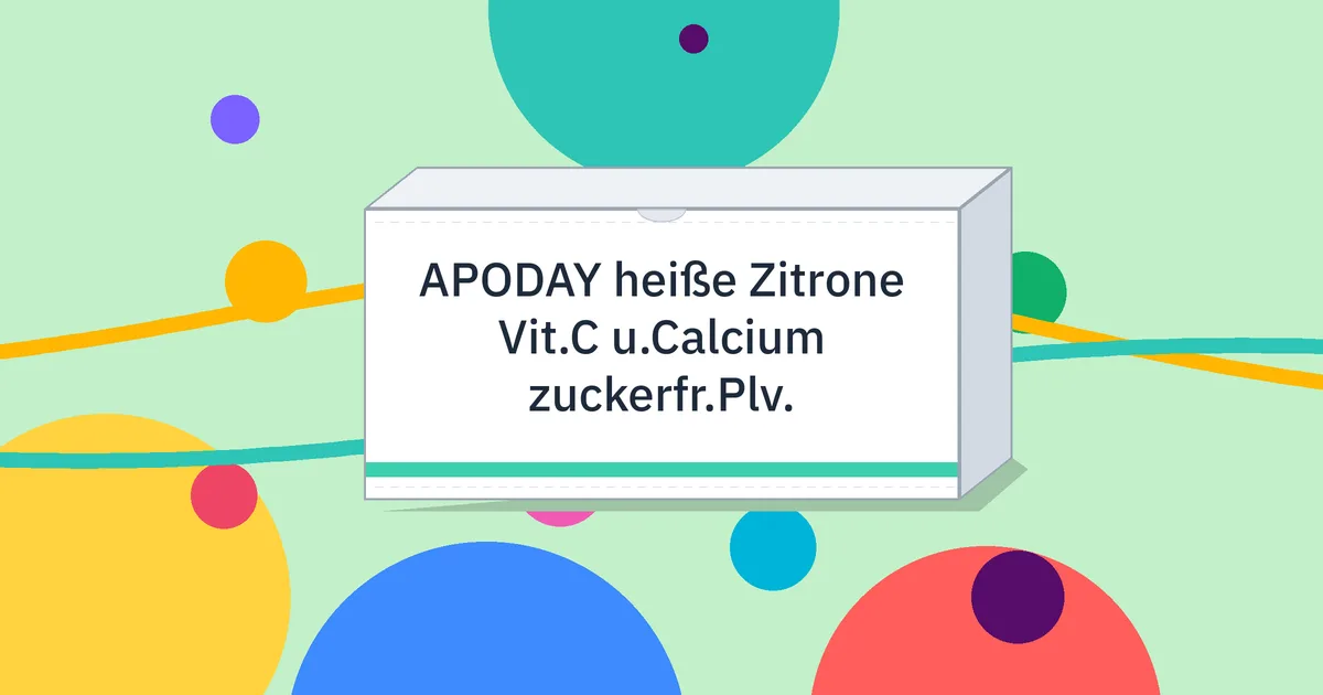 Symbolbild: Packung mit der Aufschrift APODAY heiße Zitrone Vit.C u.Calcium zuckerfr.Plv. (PZN 04821053) – Verfügbarkeit und Bezug in Apotheken in Frankfurt am Main