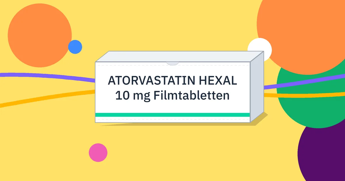 Symbolbild: Packung mit der Aufschrift ATORVASTATIN HEXAL 10 mg Filmtabletten (PZN 09122561) – Verfügbarkeit und Bezug in Apotheken in Frankfurt am Main