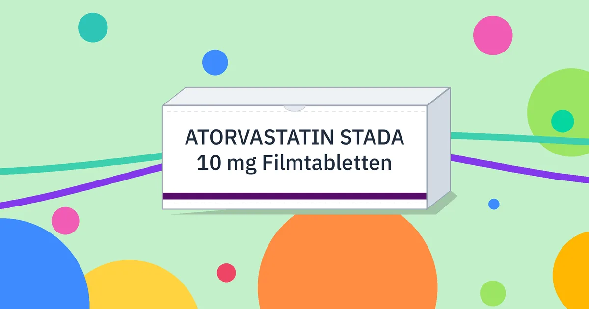 Symbolbild: Packung mit der Aufschrift ATORVASTATIN STADA 10 mg Filmtabletten (PZN 09231422) – Verfügbarkeit und Bezug in Apotheken in Frankfurt am Main