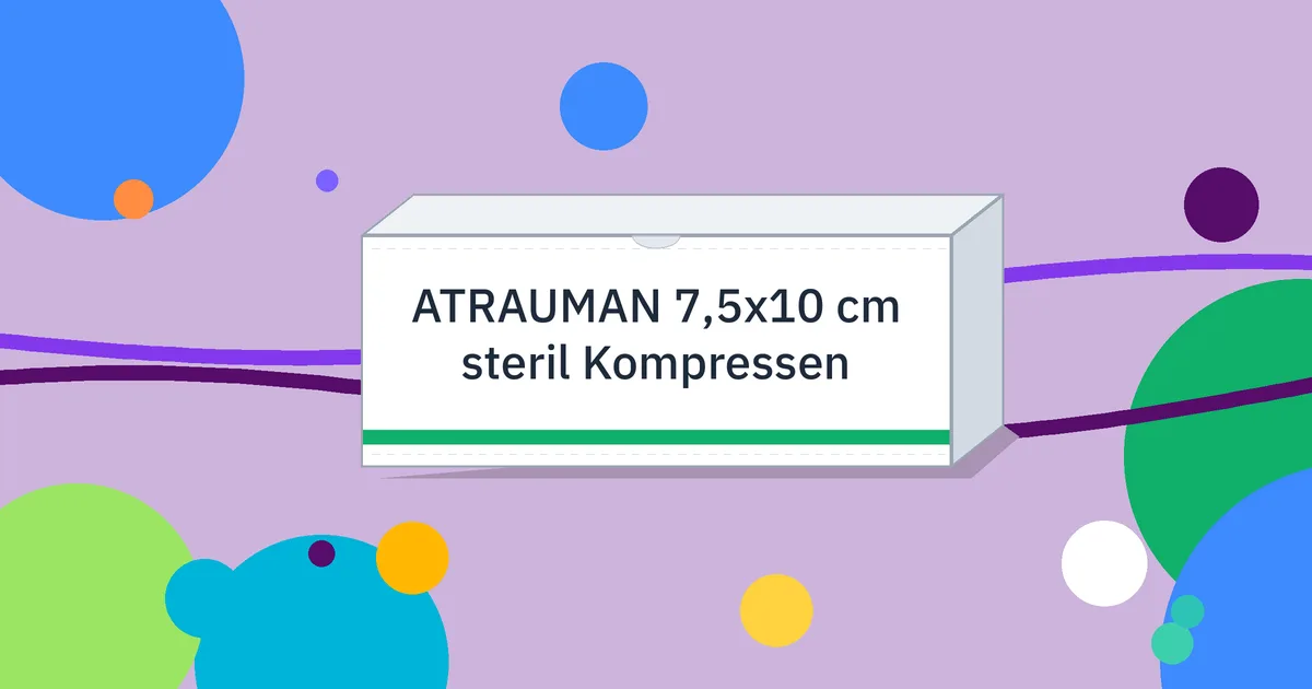 Symbolbild: Packung mit der Aufschrift ATRAUMAN 7,5x10 cm steril Kompressen (PZN 05397901) – Verfügbarkeit und Bezug in Apotheken in Frankfurt am Main