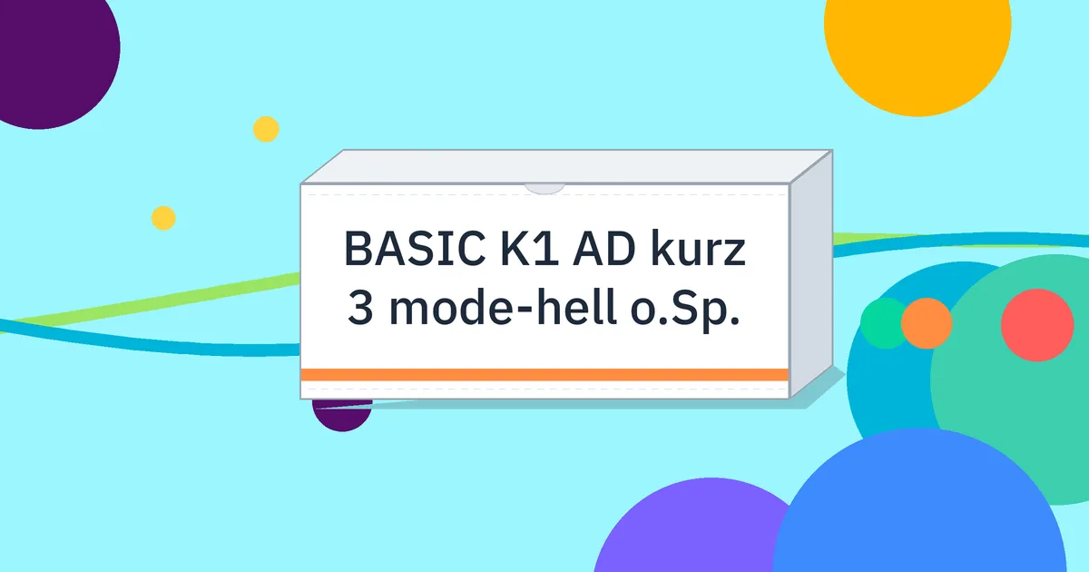 Symbolbild: Packung mit der Aufschrift BASIC K1 AD kurz 3 mode-hell o.Sp. (PZN 20257899) – Verfügbarkeit und Bezug in Apotheken in Frankfurt am Main
