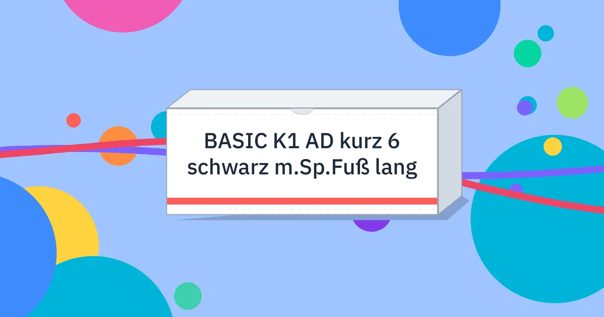 Symbolbild: Packung mit der Aufschrift BASIC K1 AD kurz 6 schwarz m.Sp.Fuß lang (PZN 20259102) – Verfügbarkeit und Bezug in Apotheken in Frankfurt am Main