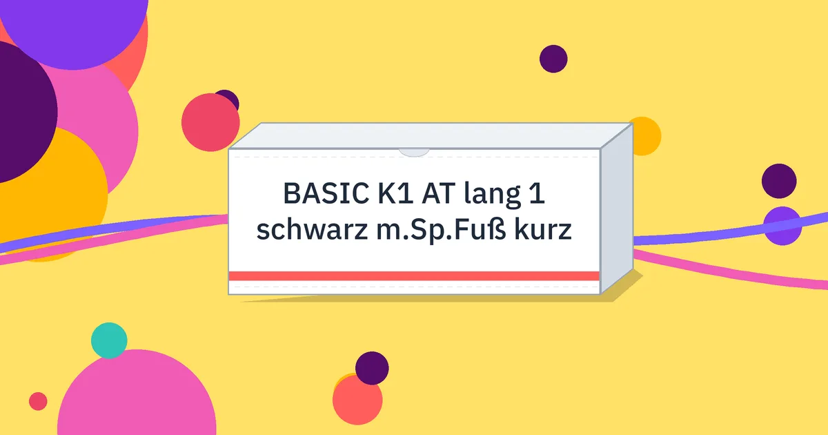 Symbolbild: Packung mit der Aufschrift BASIC K1 AT lang 1 schwarz m.Sp.Fuß kurz (PZN 20262073) – Verfügbarkeit und Bezug in Apotheken in Frankfurt am Main