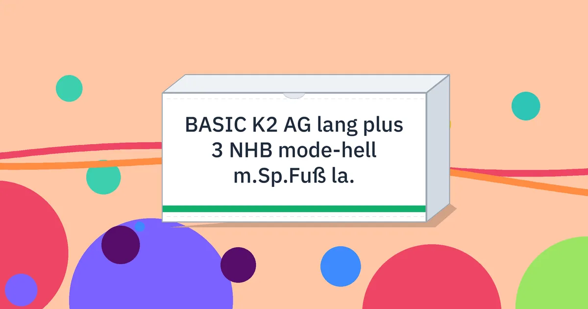 Symbolbild: Packung mit der Aufschrift BASIC K2 AG lang plus 3 NHB mode-hell m.Sp.Fuß la. (PZN 20267171) – Verfügbarkeit und Bezug in Apotheken in Frankfurt am Main