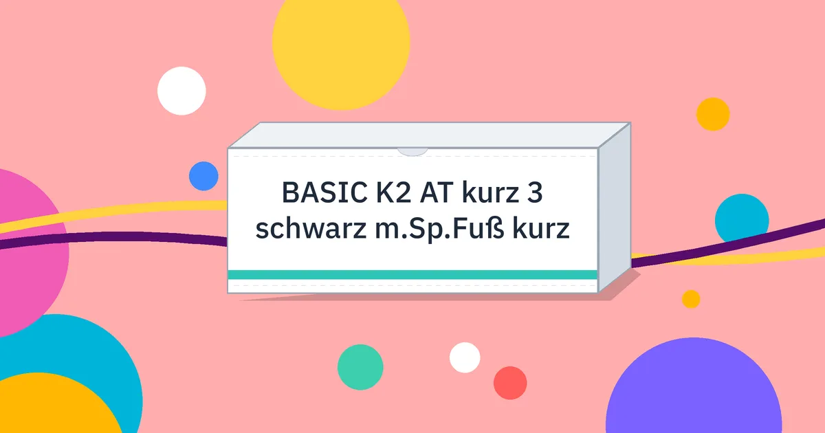 Symbolbild: Packung mit der Aufschrift BASIC K2 AT kurz 3 schwarz m.Sp.Fuß kurz (PZN 20269158) – Verfügbarkeit und Bezug in Apotheken in Frankfurt am Main