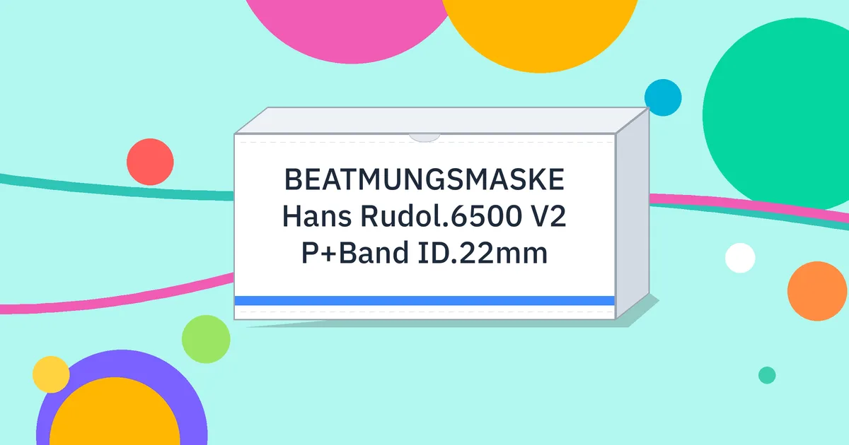 Symbolbild: Packung mit der Aufschrift BEATMUNGSMASKE Hans Rudol.6500 V2 P+Band ID.22mm (PZN 17303437) – Verfügbarkeit und Bezug in Apotheken in Frankfurt am Main