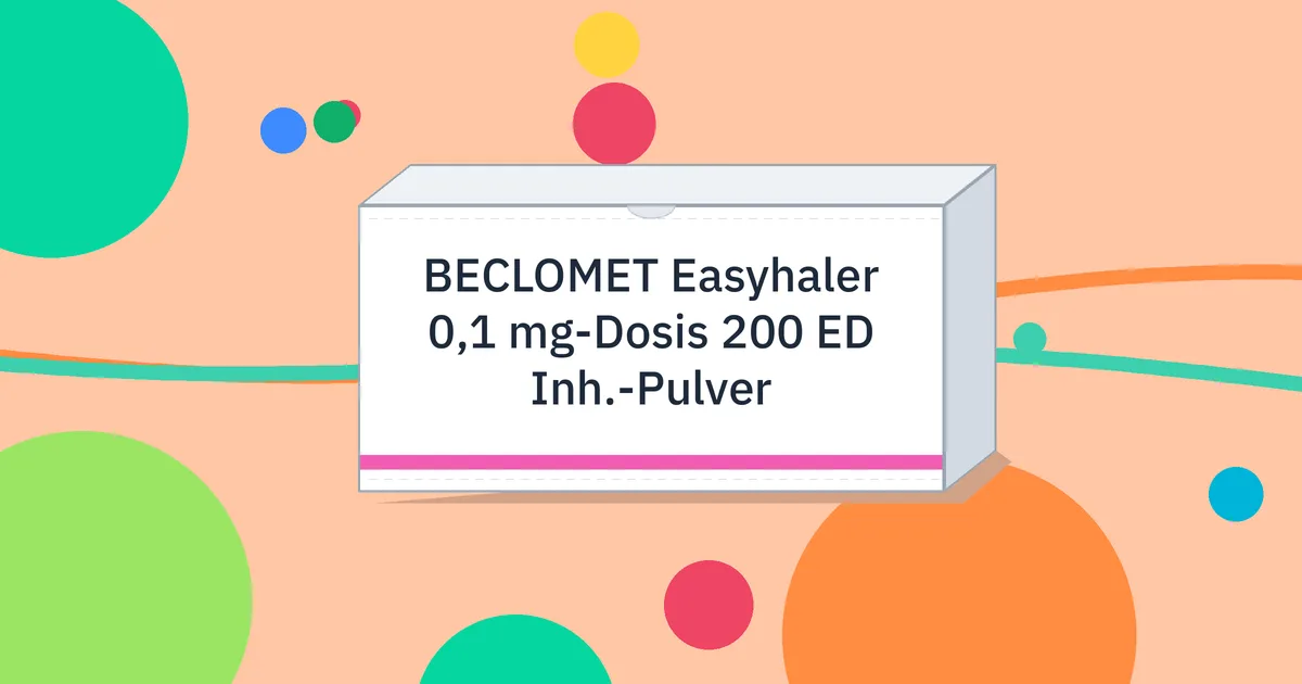 Symbolbild: Packung mit der Aufschrift BECLOMET Easyhaler 0,1 mg-Dosis 200 ED Inh.-Pulver (PZN 09923367) – Verfügbarkeit und Bezug in Apotheken in Frankfurt am Main