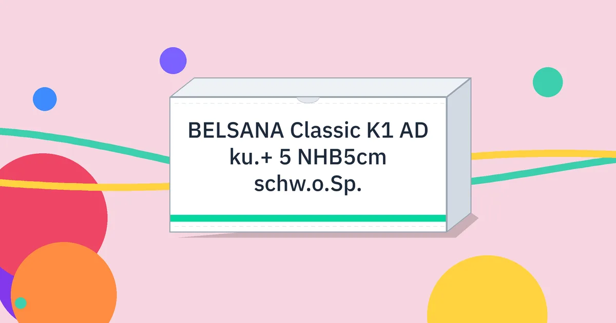 Symbolbild: Packung mit der Aufschrift BELSANA Classic K1 AD ku.+ 5 NHB5cm schw.o.Sp. (PZN 19256506) – Verfügbarkeit und Bezug in Apotheken in Frankfurt am Main