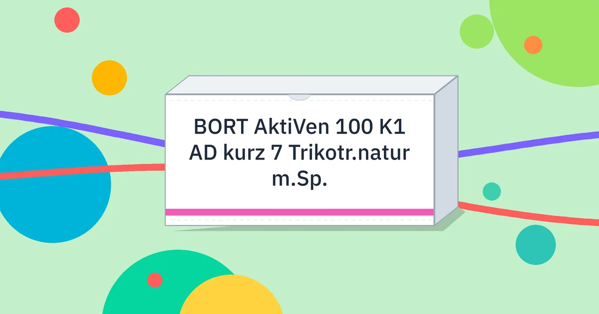 Symbolbild: Packung mit der Aufschrift BORT AktiVen 100 K1 AD kurz 7 Trikotr.natur m.Sp. (PZN 13726276) – Verfügbarkeit und Bezug in Apotheken in Frankfurt am Main