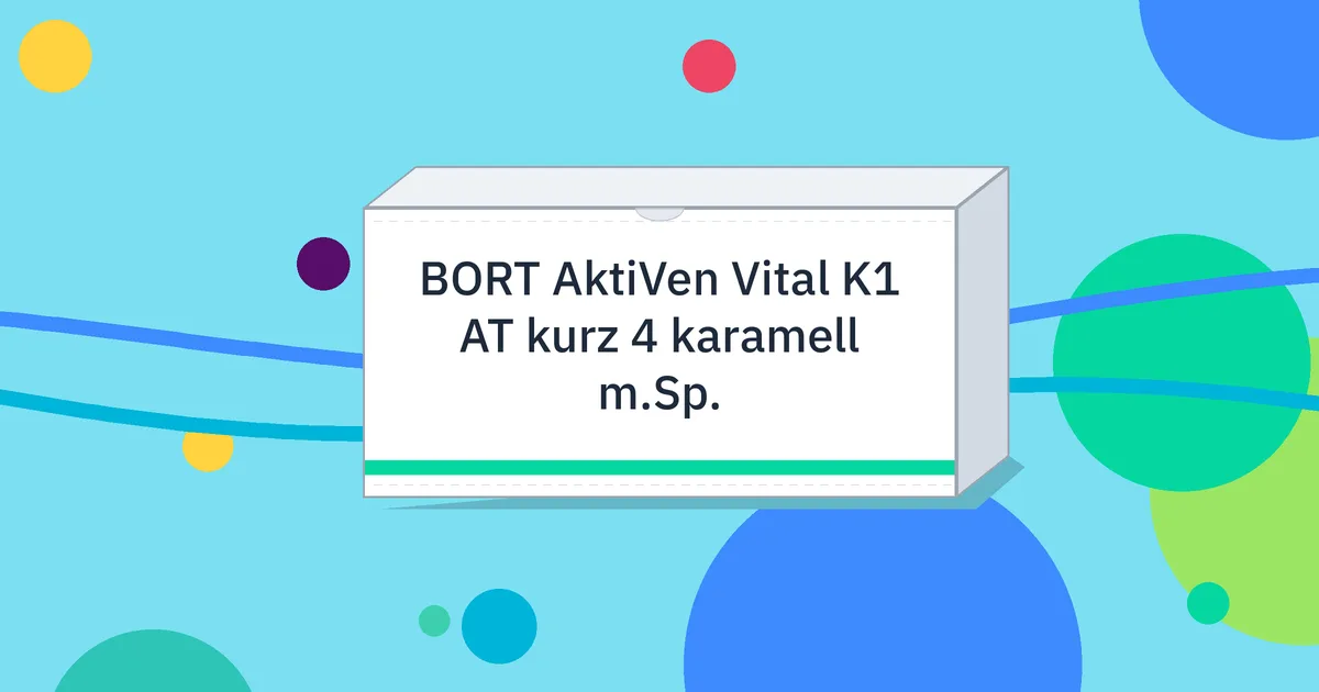 Symbolbild: Packung mit der Aufschrift BORT AktiVen Vital K1 AT kurz 4 karamell m.Sp. (PZN 13737179) – Verfügbarkeit und Bezug in Apotheken in Frankfurt am Main