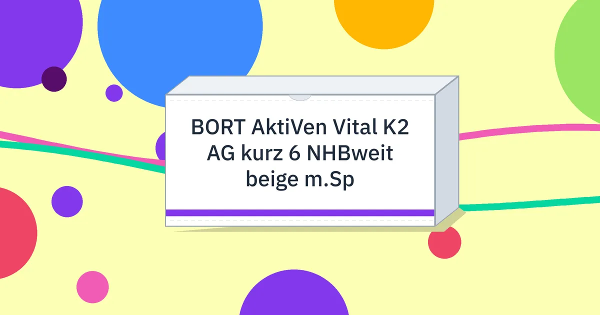 Symbolbild: Packung mit der Aufschrift BORT AktiVen Vital K2 AG kurz 6 NHBweit beige m.Sp (PZN 13732041) – Verfügbarkeit und Bezug in Apotheken in Frankfurt am Main