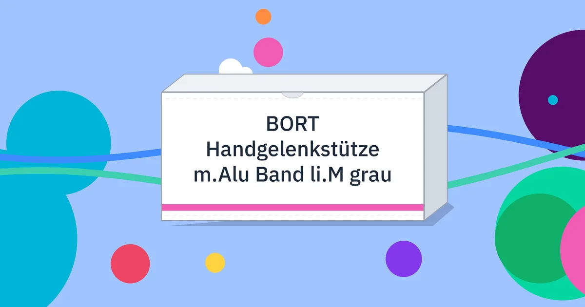 Symbolbild: Packung mit der Aufschrift BORT Handgelenkstütze m.Alu Band li.M grau (PZN 17843145) – Verfügbarkeit und Bezug in Apotheken in Frankfurt am Main