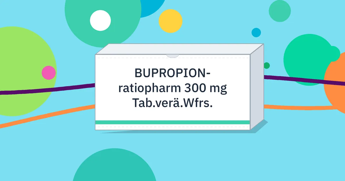 Symbolbild: Packung mit der Aufschrift BUPROPION-ratiopharm 300 mg Tab.verä.Wfrs. (PZN 14308776) – Verfügbarkeit und Bezug in Apotheken in Frankfurt am Main