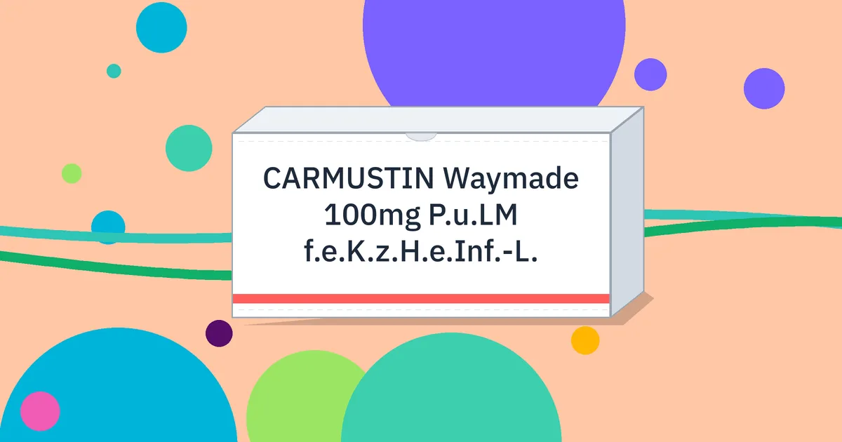 Symbolbild: Packung mit der Aufschrift CARMUSTIN Waymade 100mg P.u.LM f.e.K.z.H.e.Inf.-L. (PZN 17870188) – Verfügbarkeit und Bezug in Apotheken in Frankfurt am Main