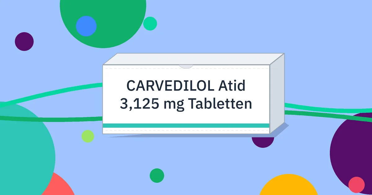 Symbolbild: Packung mit der Aufschrift CARVEDILOL Atid 3,125 mg Tabletten (PZN 00619248) – Verfügbarkeit und Bezug in Apotheken in Frankfurt am Main
