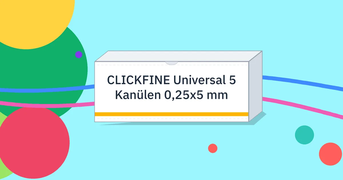 Symbolbild: Packung mit der Aufschrift CLICKFINE Universal 5 Kanülen 0,25x5 mm (PZN 17831484) – Verfügbarkeit und Bezug in Apotheken in Frankfurt am Main