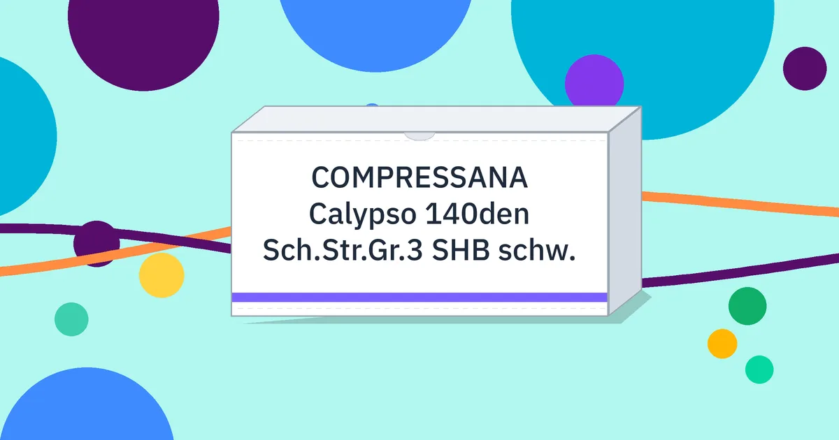 Symbolbild: Packung mit der Aufschrift COMPRESSANA Calypso 140den Sch.Str.Gr.3 SHB schw. (PZN 03115666) – Verfügbarkeit und Bezug in Apotheken in Frankfurt am Main