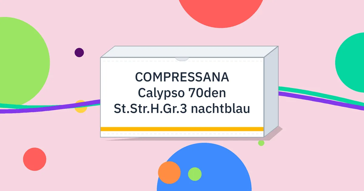 Symbolbild: Packung mit der Aufschrift COMPRESSANA Calypso 70den St.Str.H.Gr.3 nachtblau (PZN 07718858) – Verfügbarkeit und Bezug in Apotheken in Frankfurt am Main